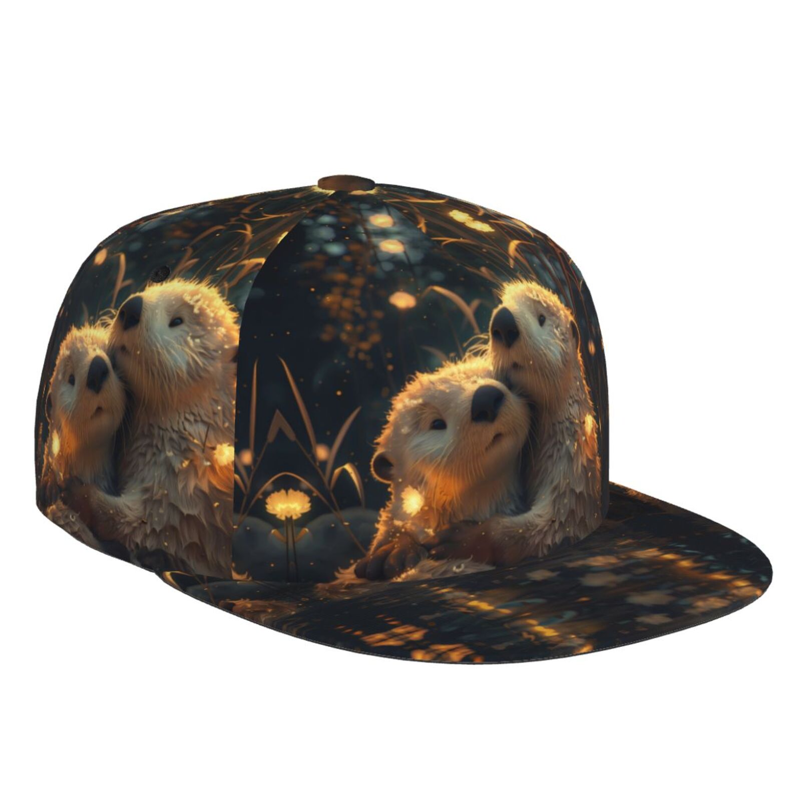 Adjustable Baseball Cap, Adorable Otter Pair Hug Flat Bill Trucker Flat ...