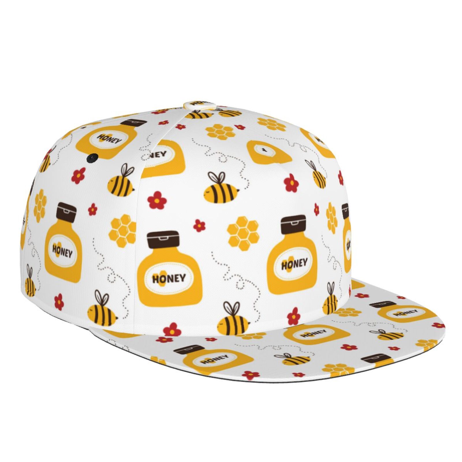 Adjustable Baseball Cap, Bees and Flowers Flat Bill Trucker Flat Brim ...