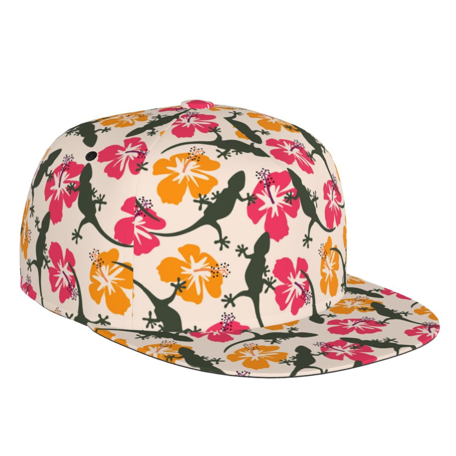 Adjustable Baseball Cap, Black Gecko Lizard Flowers Flat Bill Trucker ...