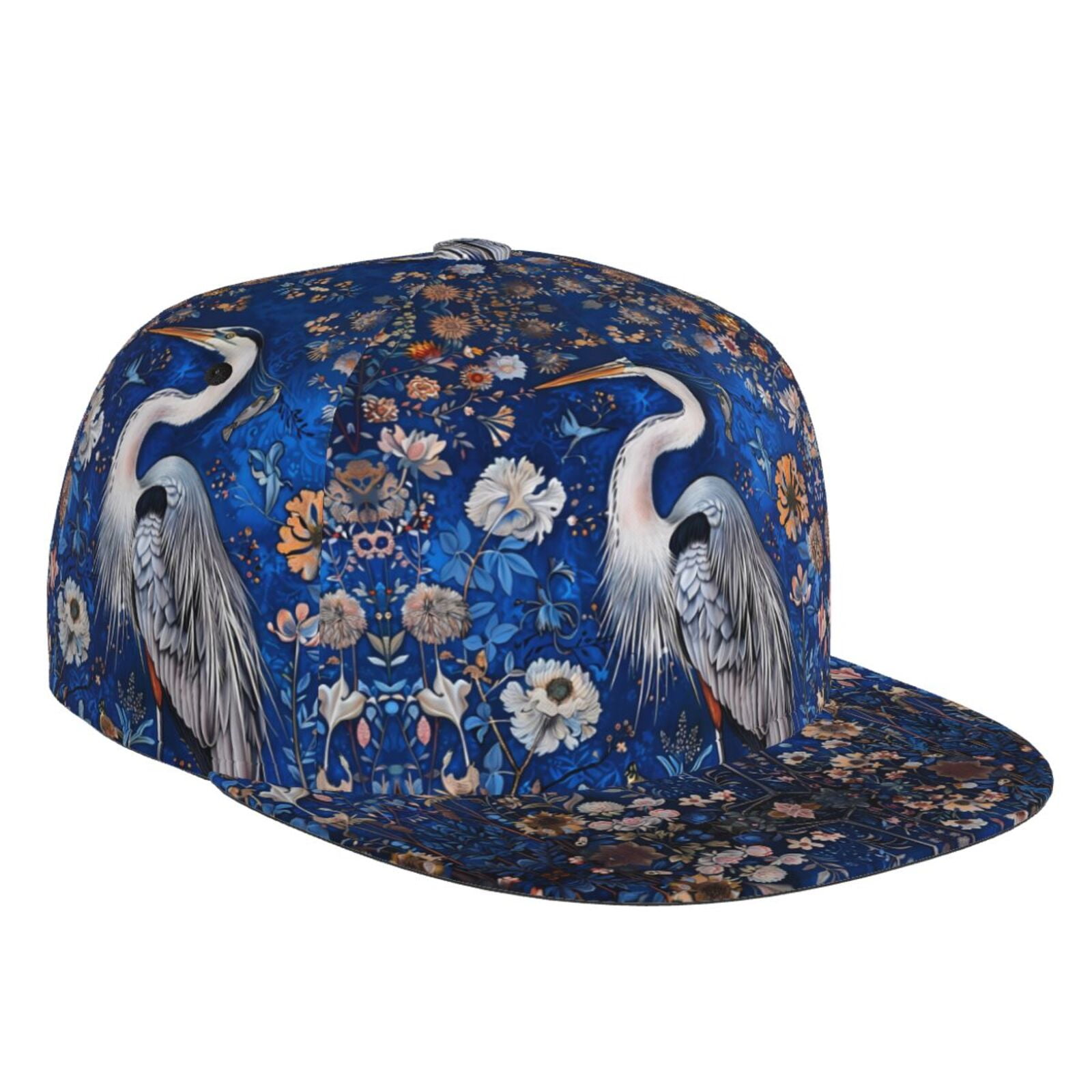 Adjustable Baseball Cap, Blue Heron Floral Garden Flat Bill Trucker ...