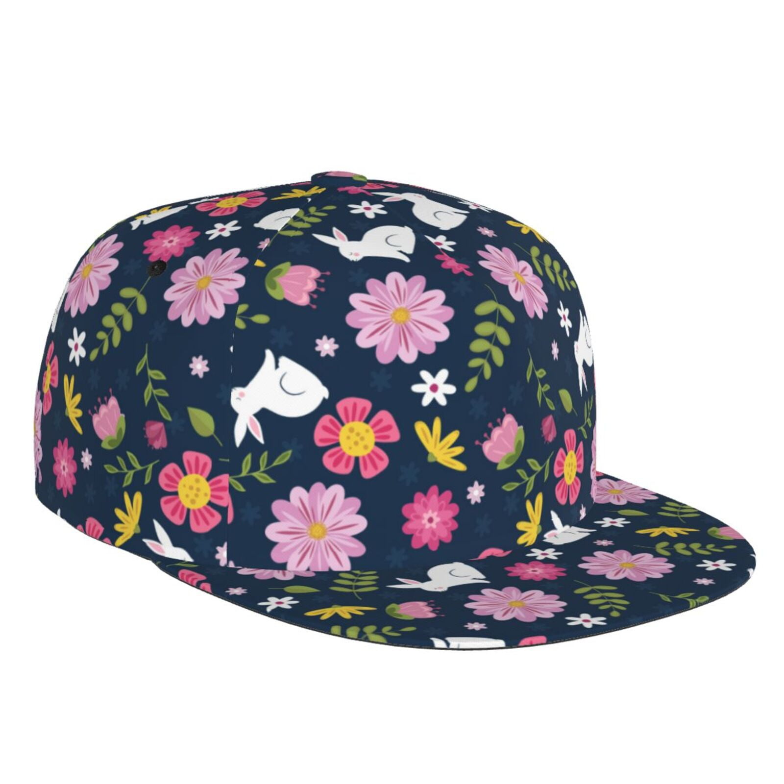 Adjustable Baseball Cap, Elegant Cute Rabbit Flowers Flat Bill Trucker ...
