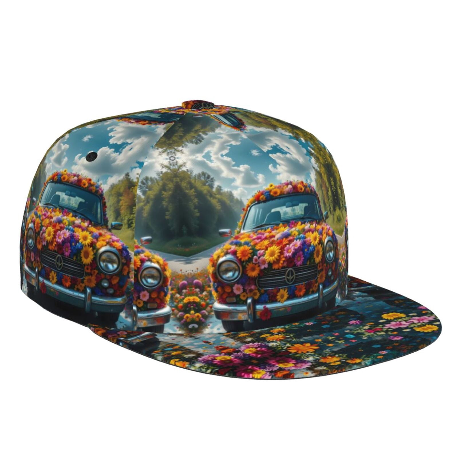 Adjustable Baseball Cap, Flower Covered Vintage Car Flat Bill Trucker ...