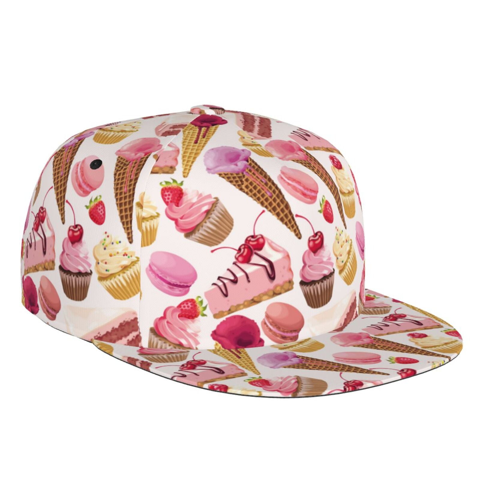 Adjustable Baseball Cap, Ice Cream Cake Print Pink Flat Bill Trucker ...