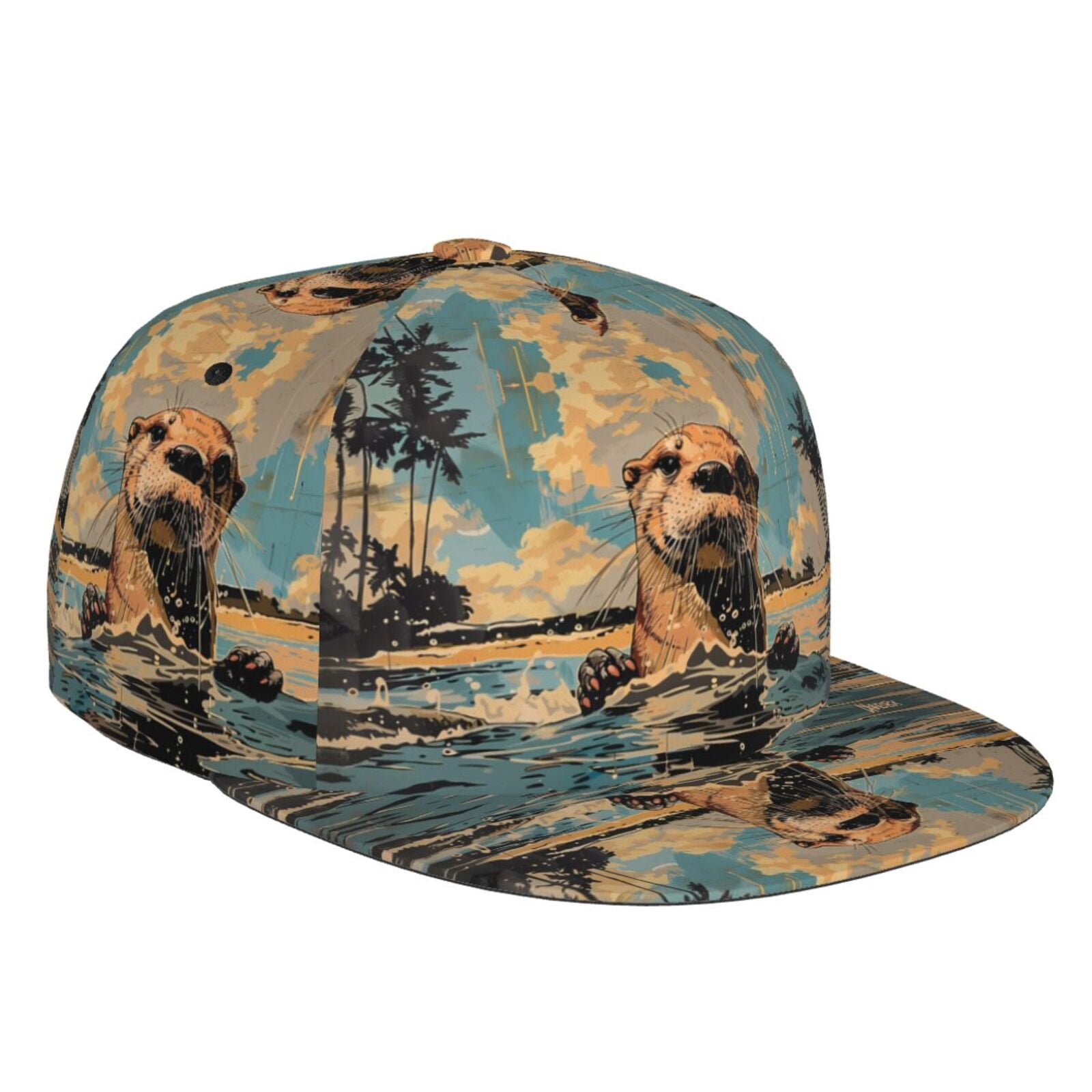 Adjustable Baseball Cap, Playful Otter Tropical Beach Flat Bill Trucker ...