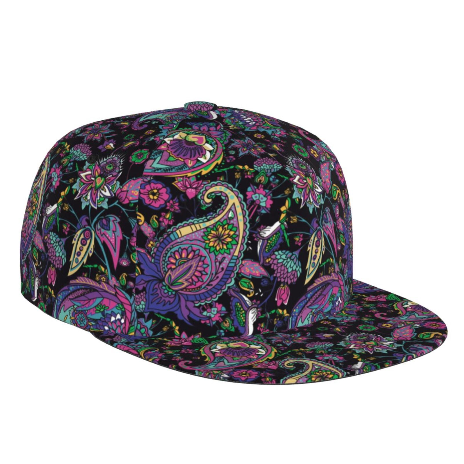Adjustable Baseball Cap, Purple Green Flower Paisley Flat Bill Trucker ...