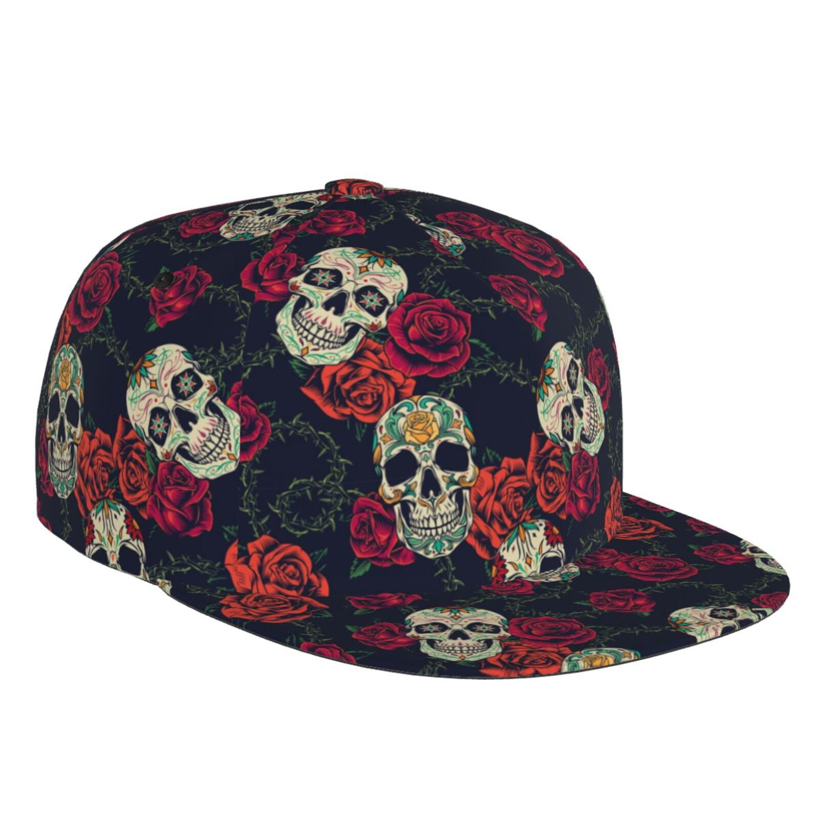 Adjustable Baseball Cap, Roses Skulls Flat Bill Trucker Flat Brim Hats ...