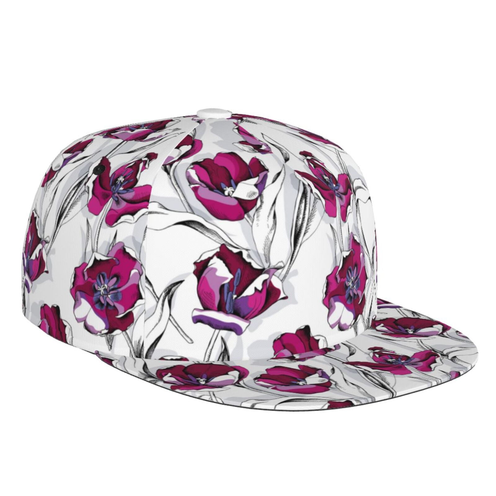 Adjustable Baseball Cap, Tulips Flowers White Leaves Flat Bill Trucker ...