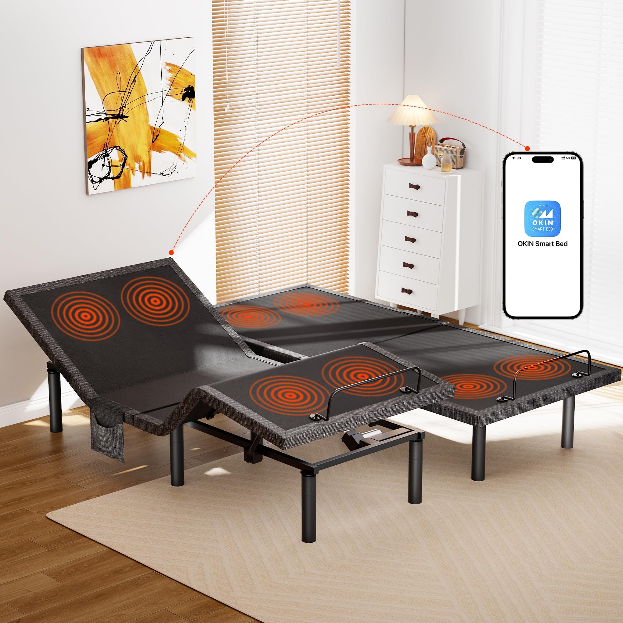 Adjustable Bed Frame with Massage, App-Controlled Split King Adjustable Bed with 4 USB Ports ...