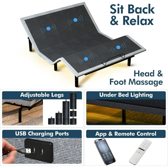 Adjustable Bed Frame with Massage, Zero Function, Under-Bed Lighting, and Easy Assembly ...