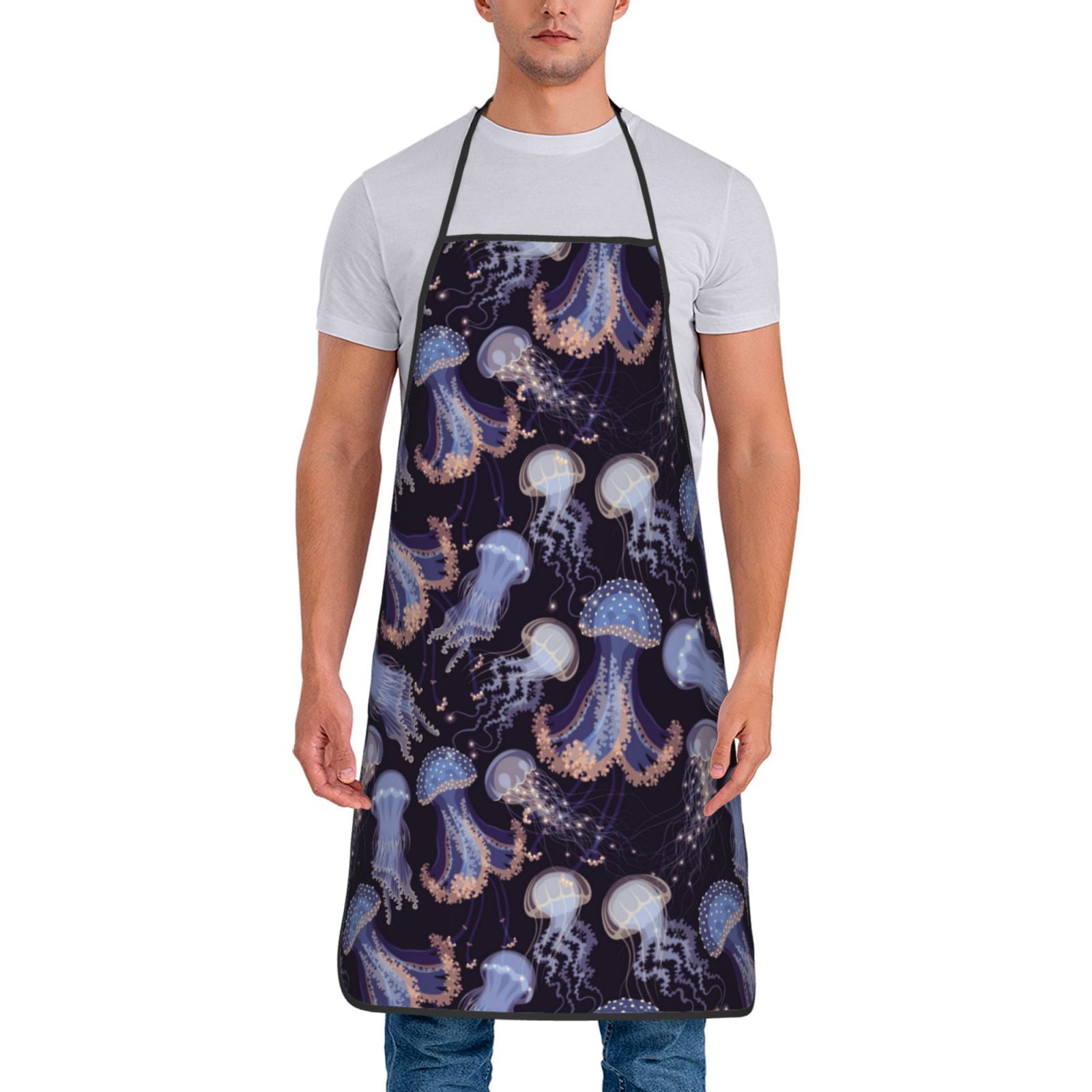 Adjustable Bib Apron - Blue Jellyfish Print Waterdrop Resistant Cooking ...