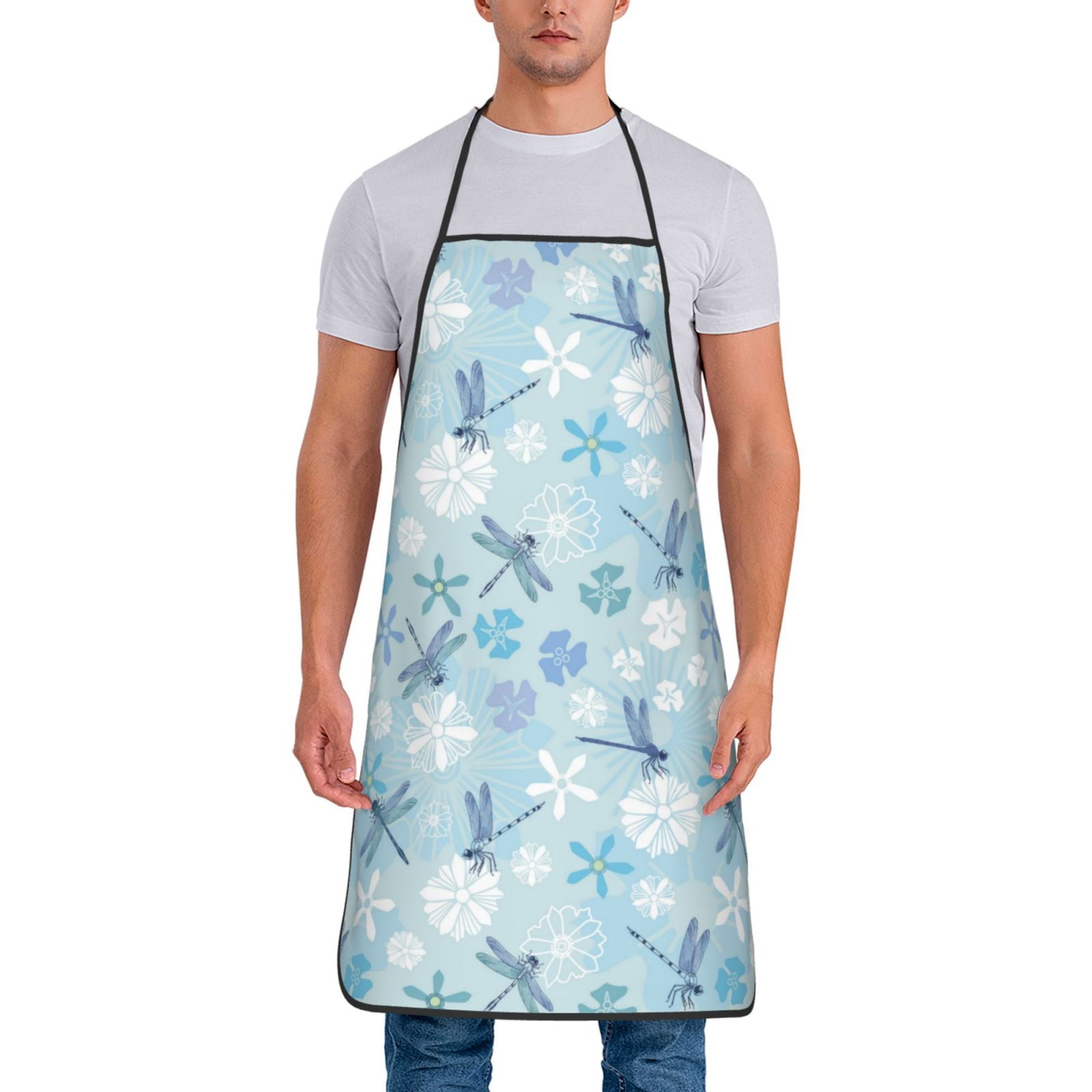 Adjustable Bib Apron - Dragonfly Flower Light Blue Waterdrop Resistant ...