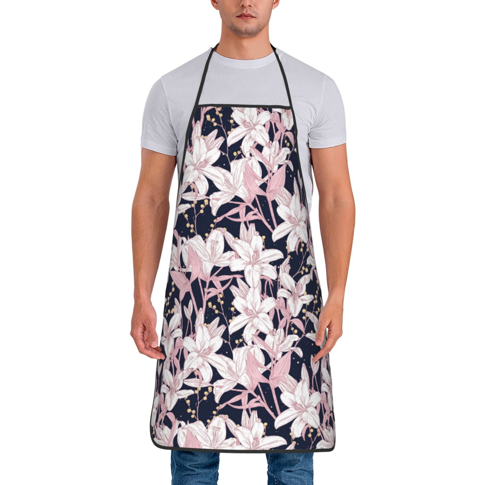 Adjustable Bib Apron - Pink Leaves Lilies Flowers Waterdrop Resistant ...