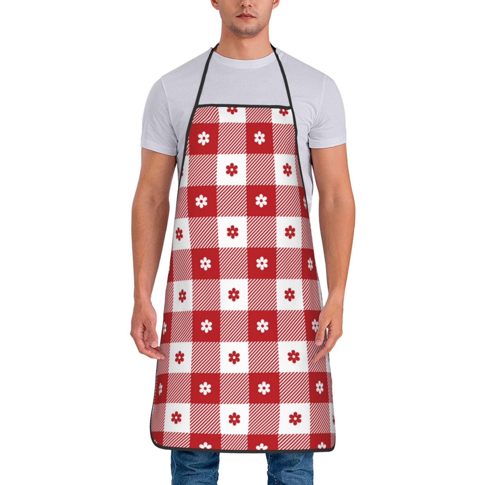 Adjustable Bib Apron - Red plaid daisy Waterdrop Resistant Cooking ...