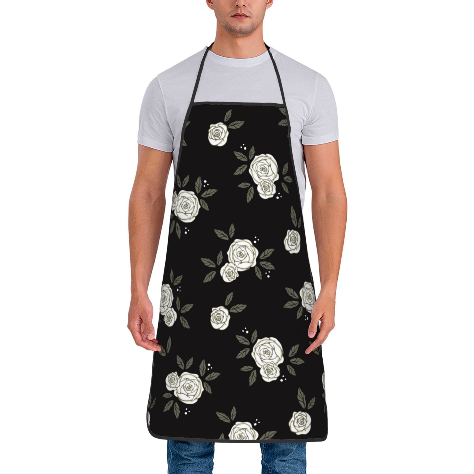 Adjustable Bib Apron - Rose Flowers Black Waterdrop Resistant Cooking ...