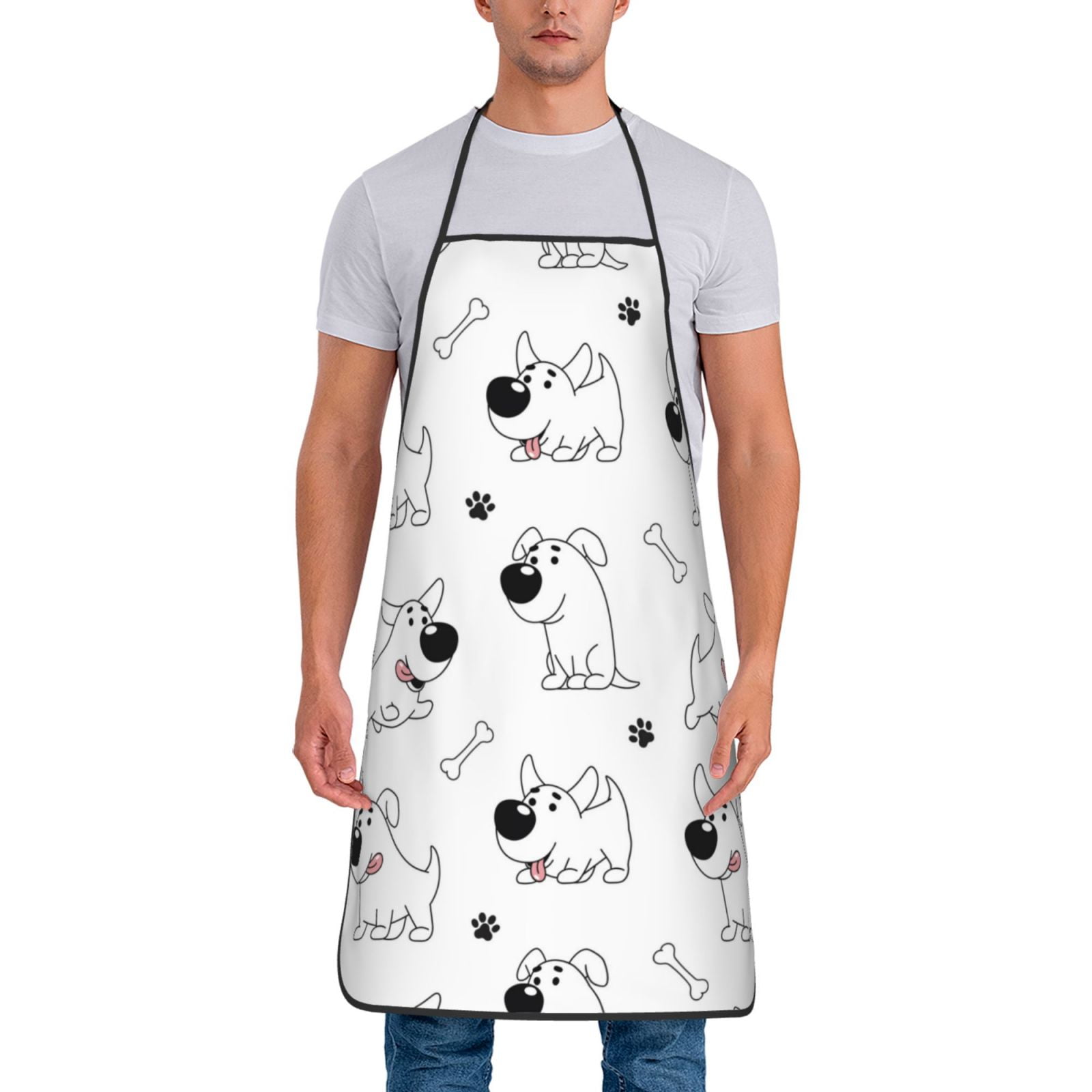 Adjustable Bib Apron - white Dog Cute Waterdrop Resistant Cooking Apron ...