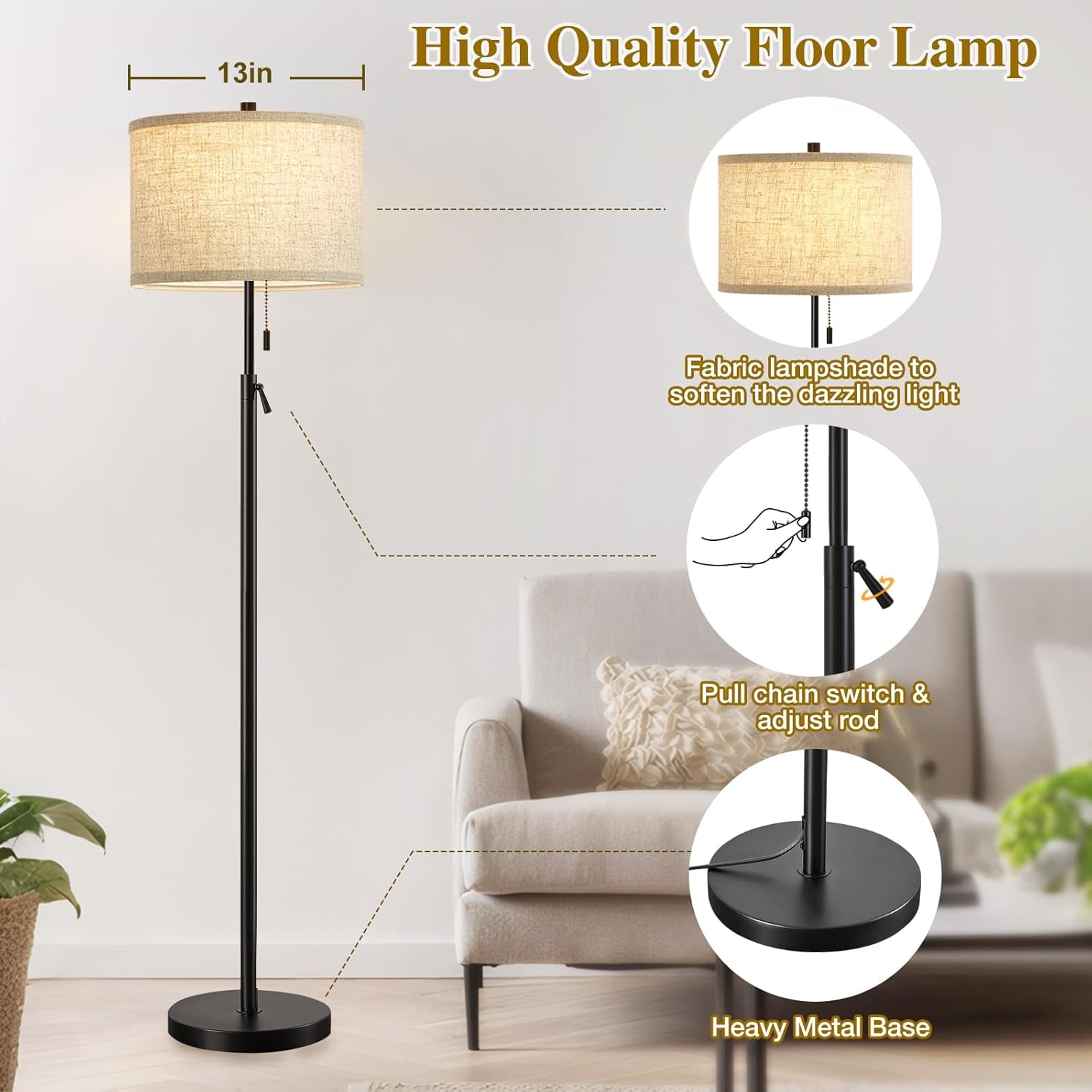 Adjustable Black Floor Lamp, Tall Standing Lamp with Fabric Shade and ...