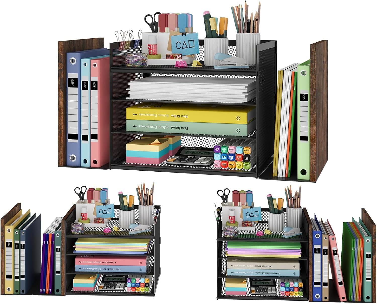 Adjustable Bookend Desk Organizer, 4-Tier Wooden Expandable File Holder ...