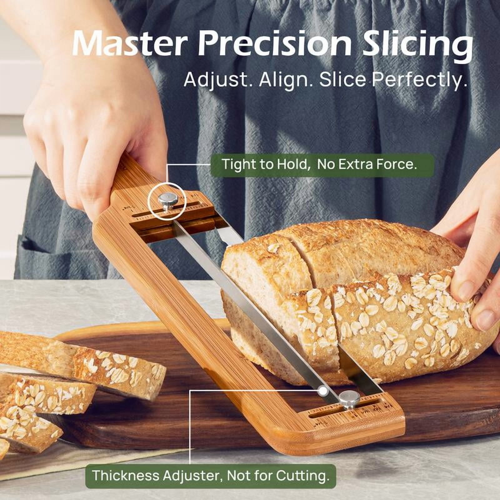 Adjustable Bread Cutter with Scale, Smooth Serrated Blade, Bamboo ...