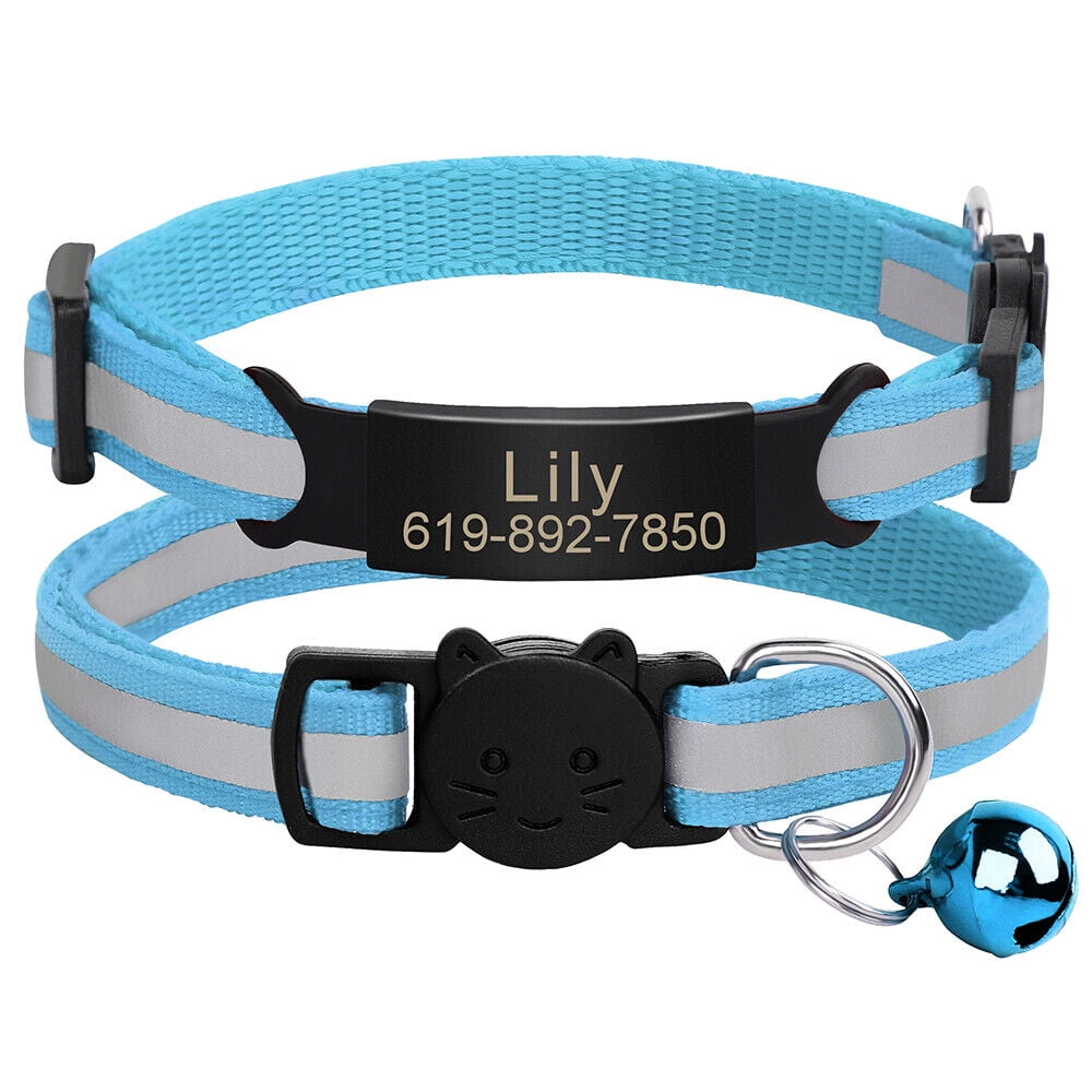 Adjustable Breakaway Cat Collar Reflective Nylon Bell Engraved Name ID ...
