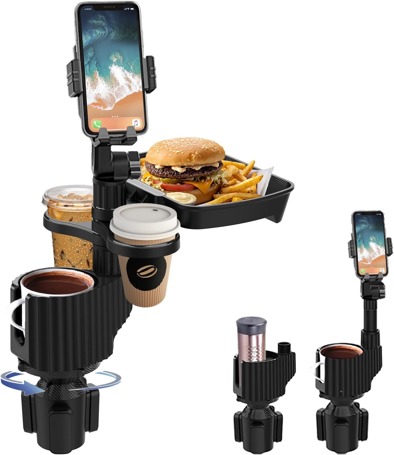 Adjustable Car Cup Holder Expander - 5-in-1 Tray with Phone Mount ...
