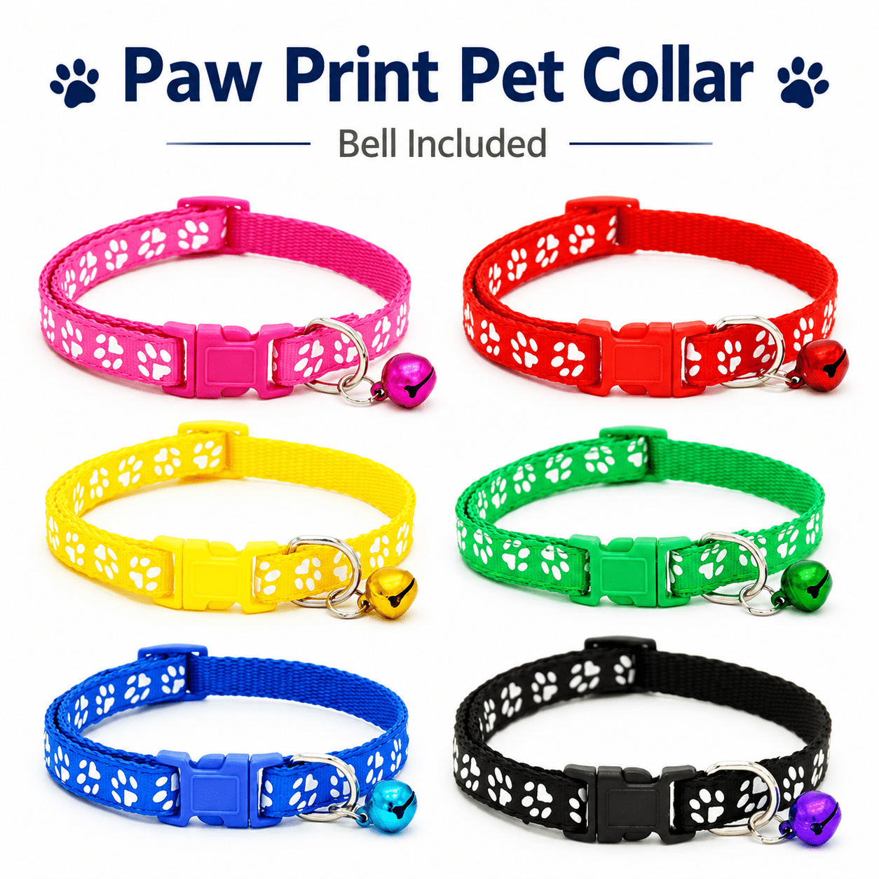 Adjustable Cat and Small Dog Collar with Bell, Paw Print Nylon Pet ...