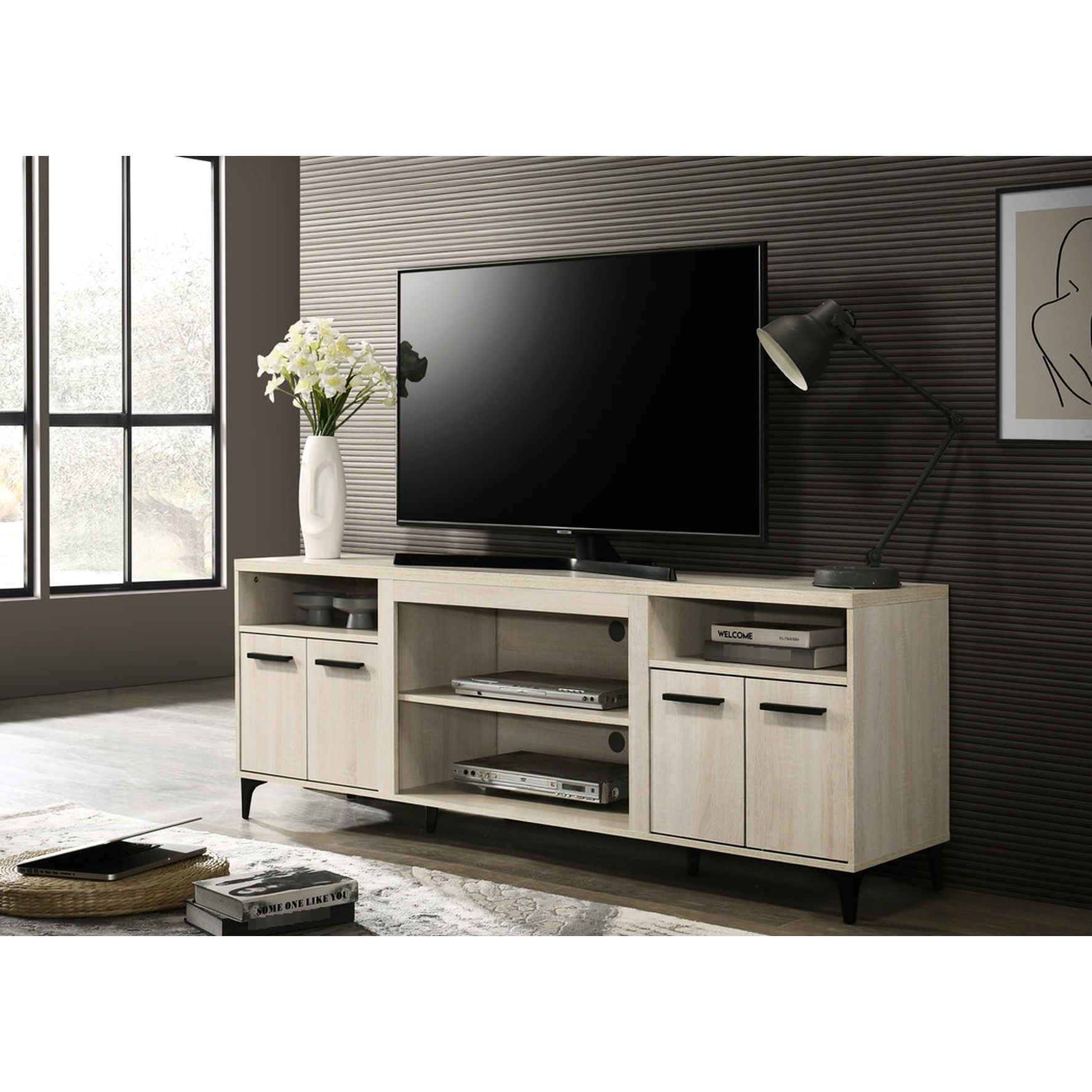 Adjustable Center Shelf & Cable Cutout - Oak TV Stand for Organized ...