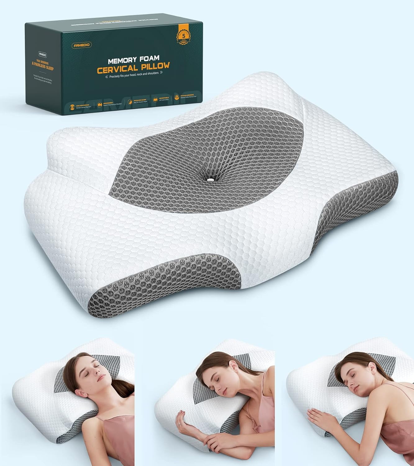 Adjustable Cervical Pillow for Neck Pain Relief, Hollow Contour Memory ...