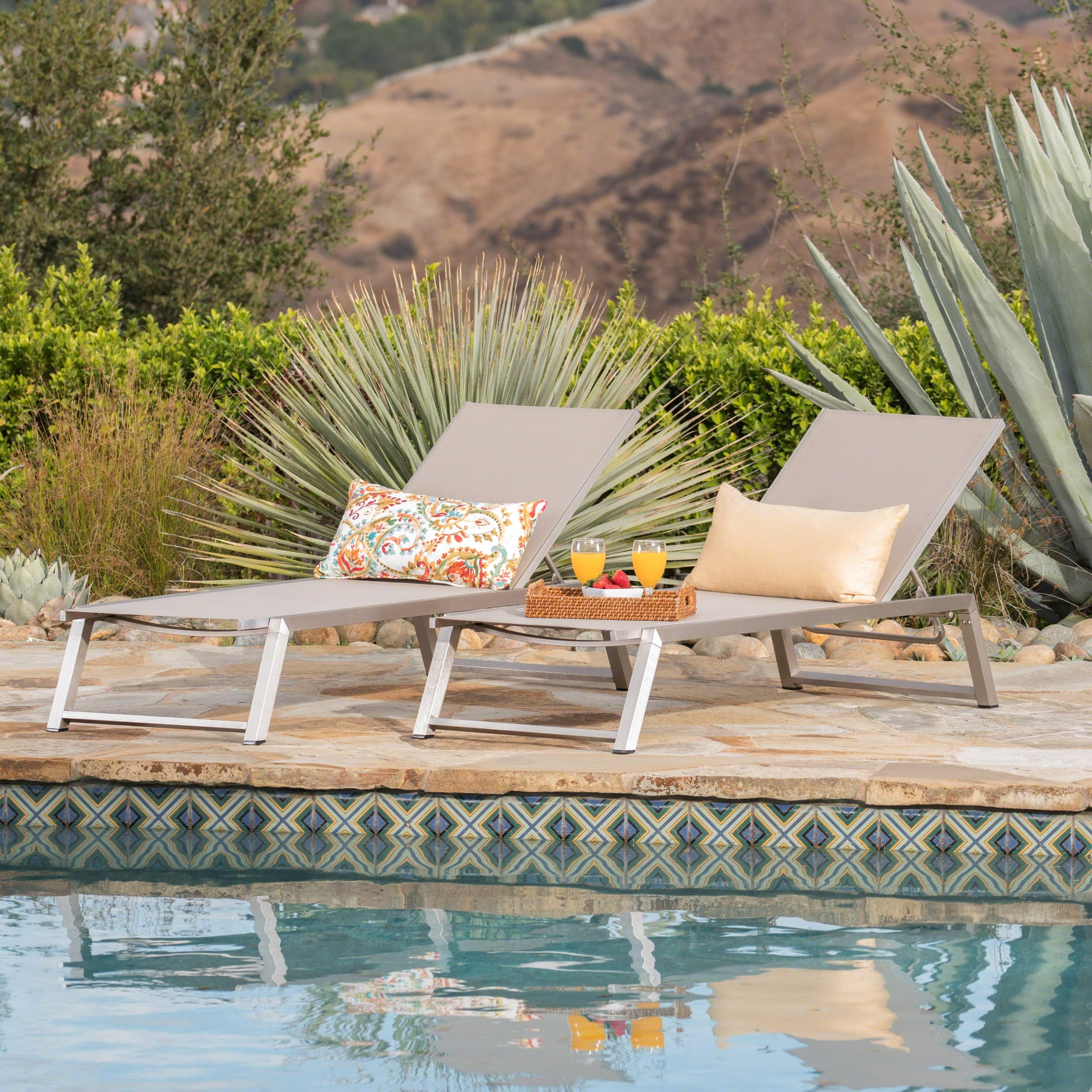 Adjustable Chaise Lounges With Grey Mesh Back, Aluminum Frame For ...