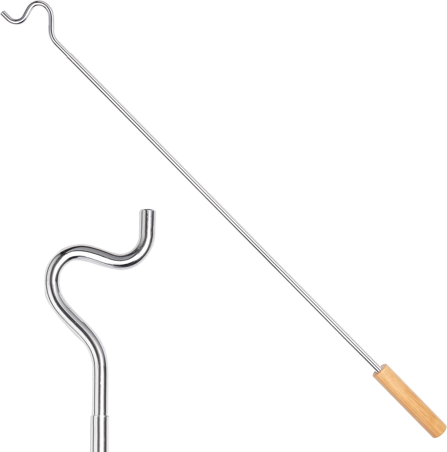 Adjustable Closet Reacher Pole with Hook and Wooden Handle, Chrome ...