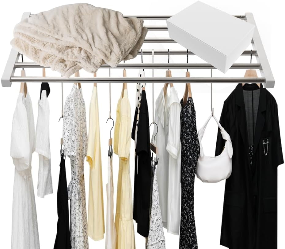 Adjustable Closet Shelf Wardrobe Rail Metal Hanging Rod Storage Rack ...