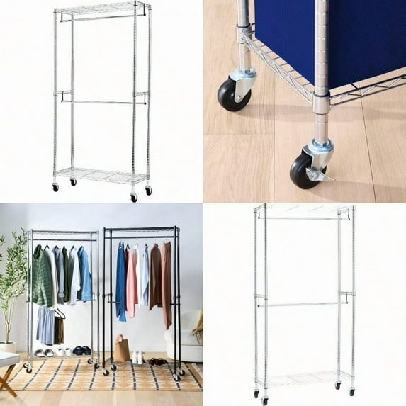Adjustable Clothes Rack for Handing Double Hanging Rod Garment Rolling ...