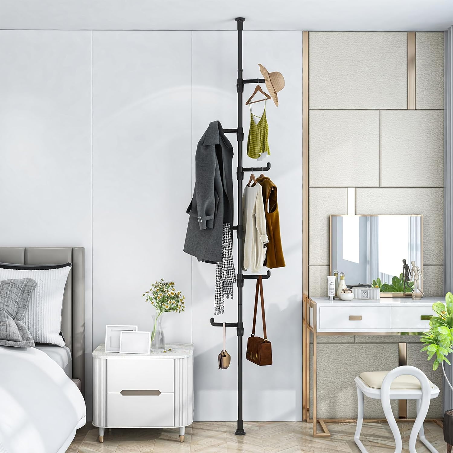 Adjustable Coat Rack 65" to 116" with 6 Hooks, Freestanding Tension Rod ...