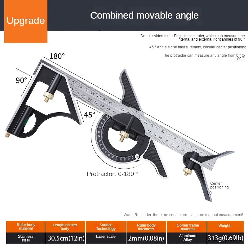Adjustable Combination Right Angle Ruler 45/90 Degrees with Bubble ...
