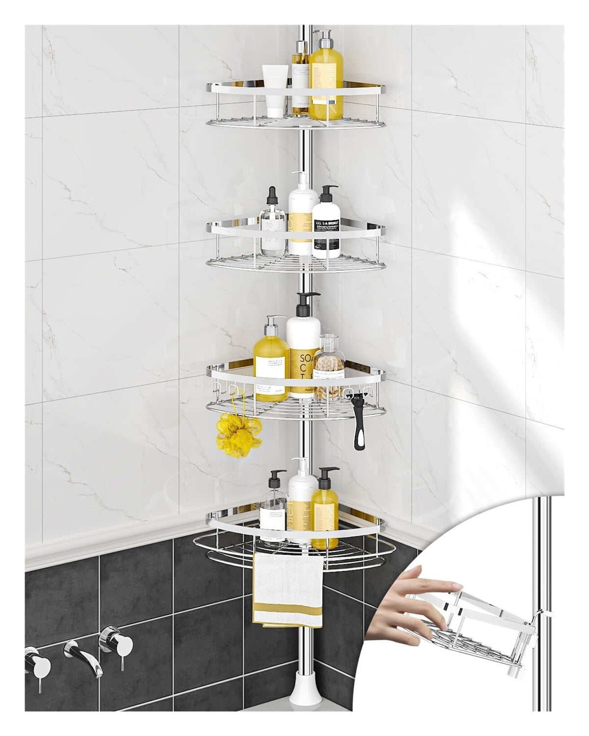 Adjustable Corner Shower Caddy - 4 Shelves, Tension Pole, Rustproof ...