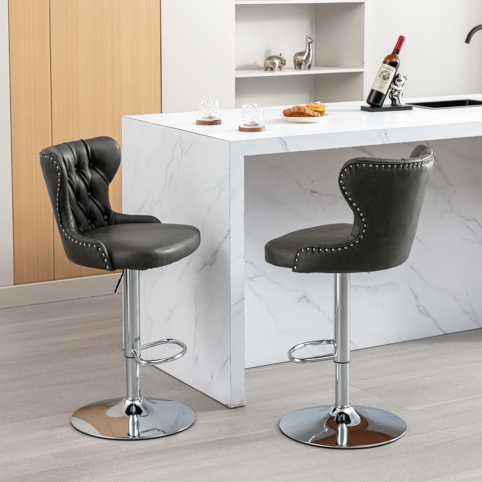 Adjustable Counter Height Bar Stool, Set of 2, Modern Swivel Velvet Bar ...