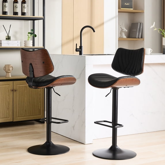 Adjustable Counter Height Walnut Stools, Black Leather Seat, 360 ...