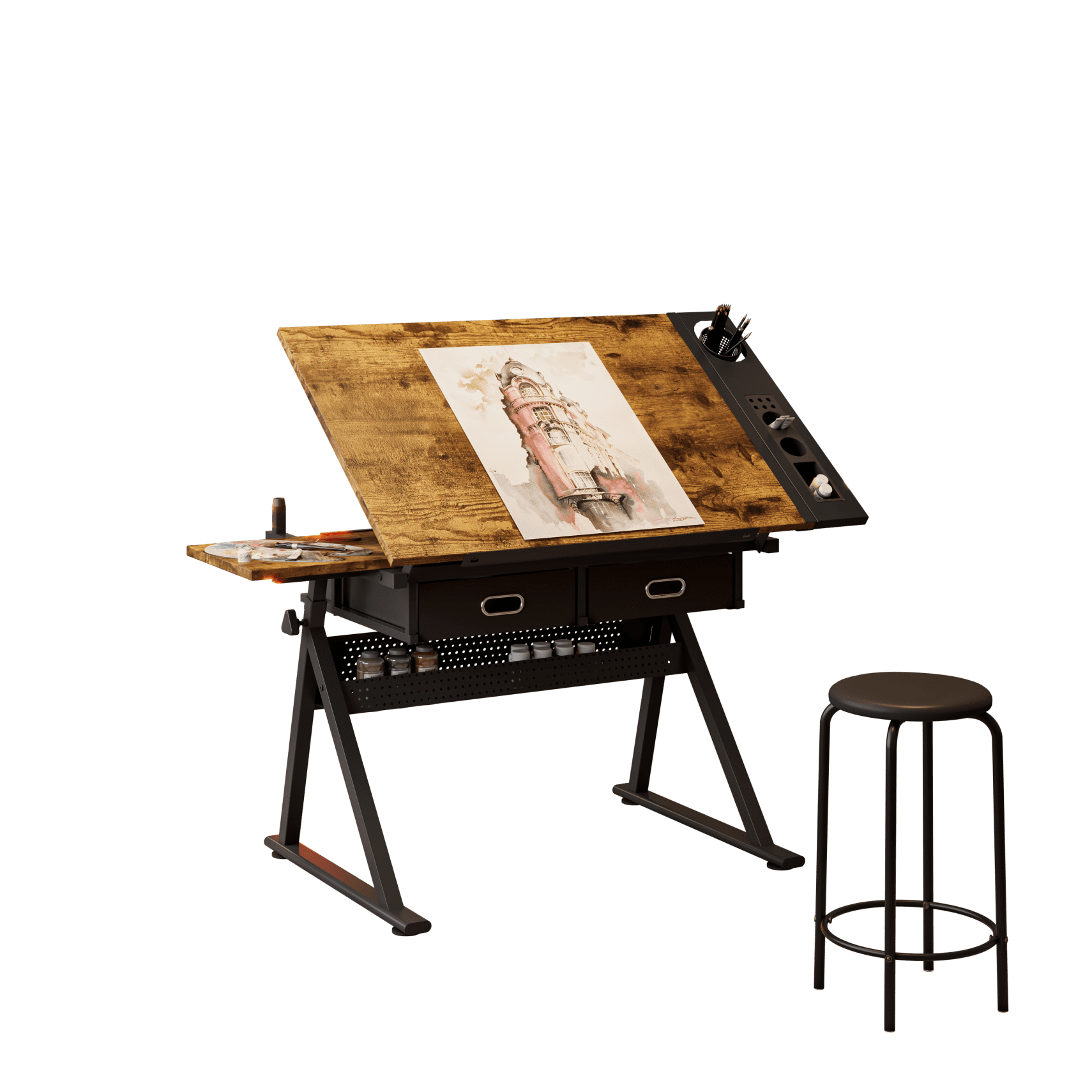 Adjustable Craft Table with 2 Drawers and Stool, Drafting Table with ...
