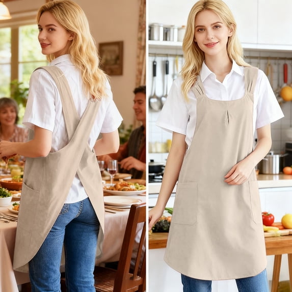Adjustable Cross Back Bib Apron with Pockets Long Coverage Kitchen ...
