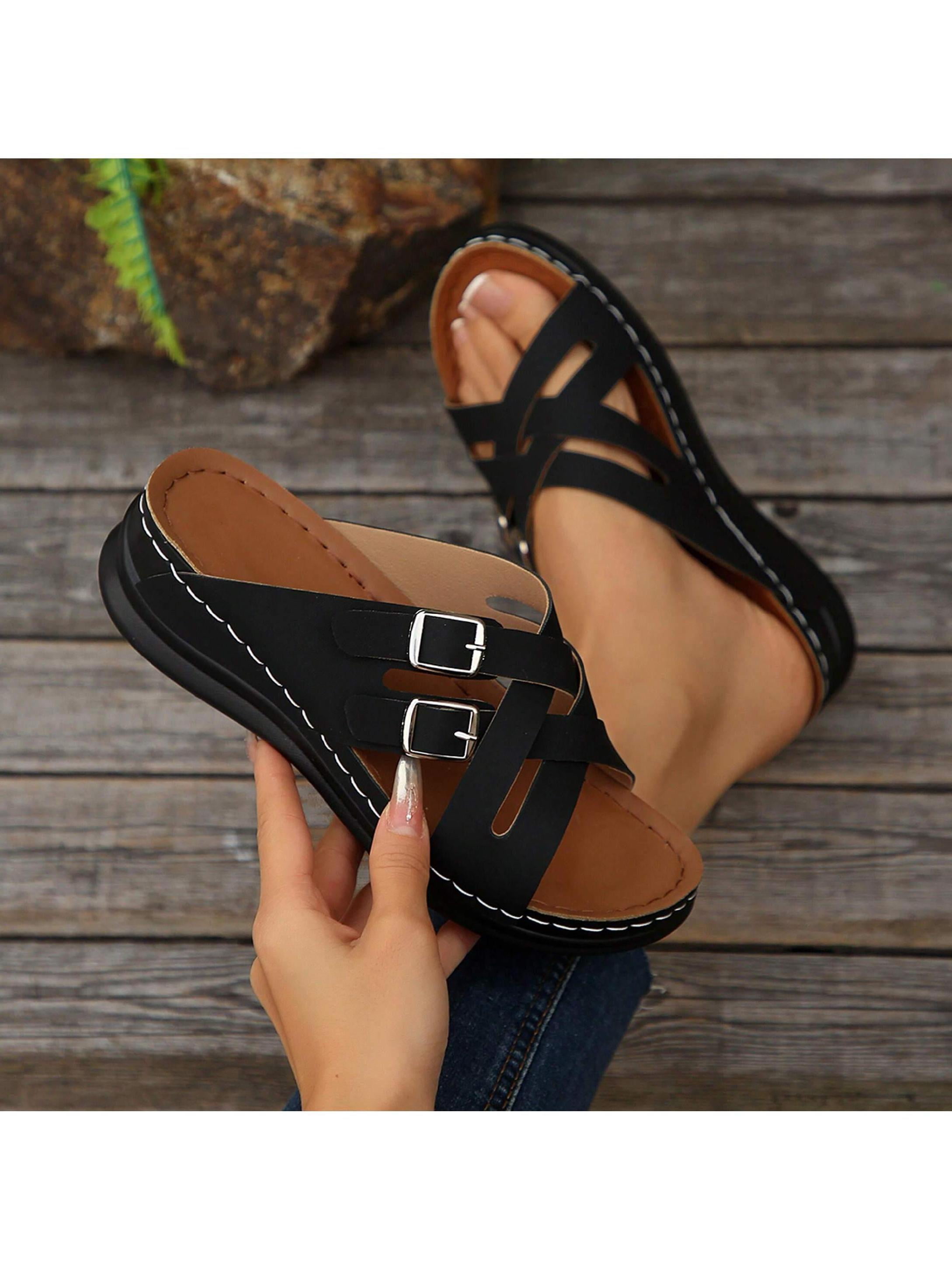Adjustable Cross-strap Wedge Sandals for Women, Casual Open Toe, Thick ...