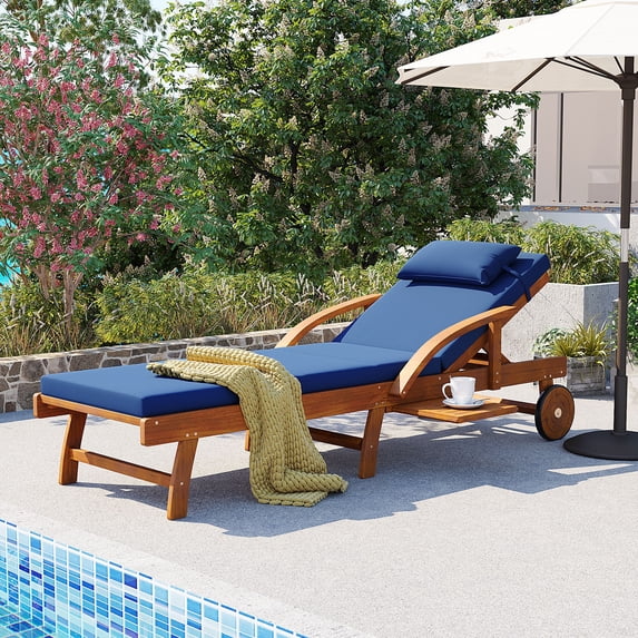 Adjustable Cushioned Lounge Chair, 77.5 Inch Outdoor Acacia Wood Frame ...
