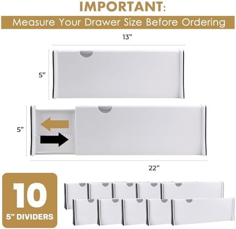 Adjustable Deep Drawer Divider – 5" Tall, Expandable 13-22", 10-Pack ...