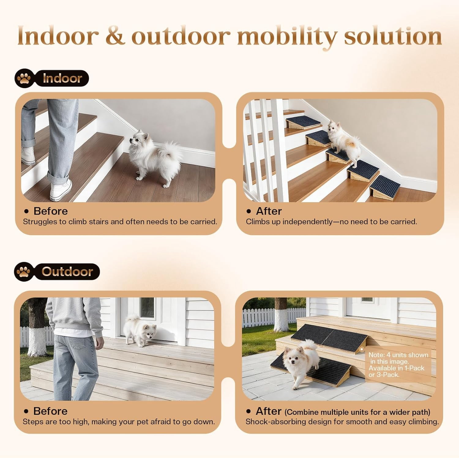 Adjustable Dog Ramp for Stairs with 3 Heights, Anti-Slip Small Dog Ramp ...