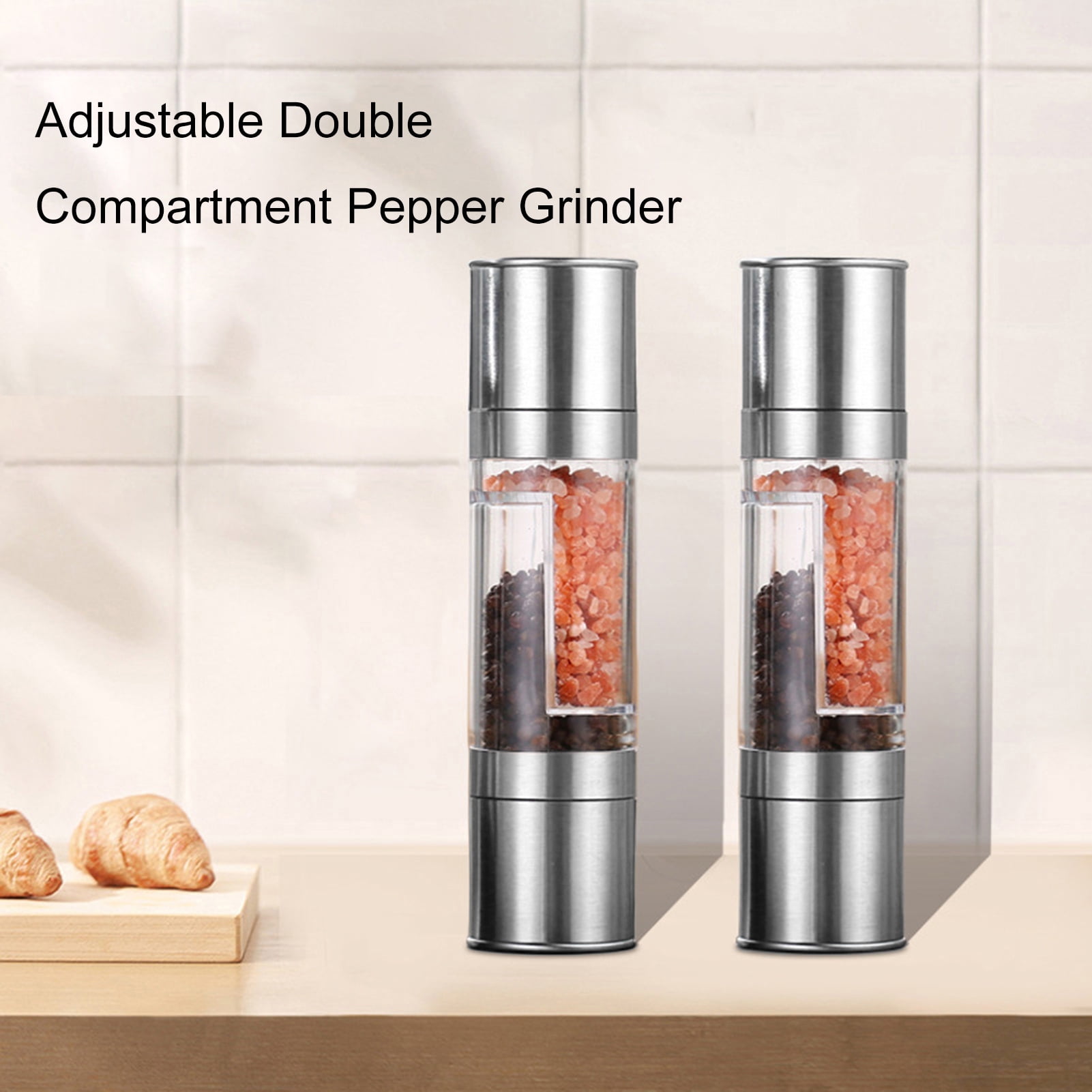 Adjustable Double Compartment Pepper Grinder with Large Bottle Mouth ...