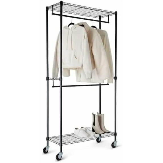 Adjustable, Double Hanging Rod Garment Rolling Closet Organizer Rack ...
