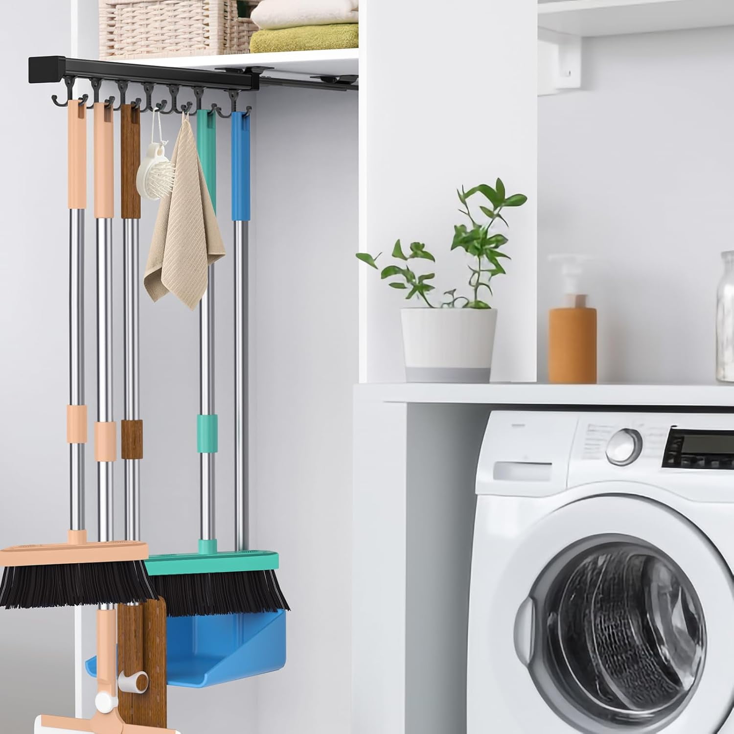 Adjustable Double Row Sliding Hook Pull Out Broom Holder ...