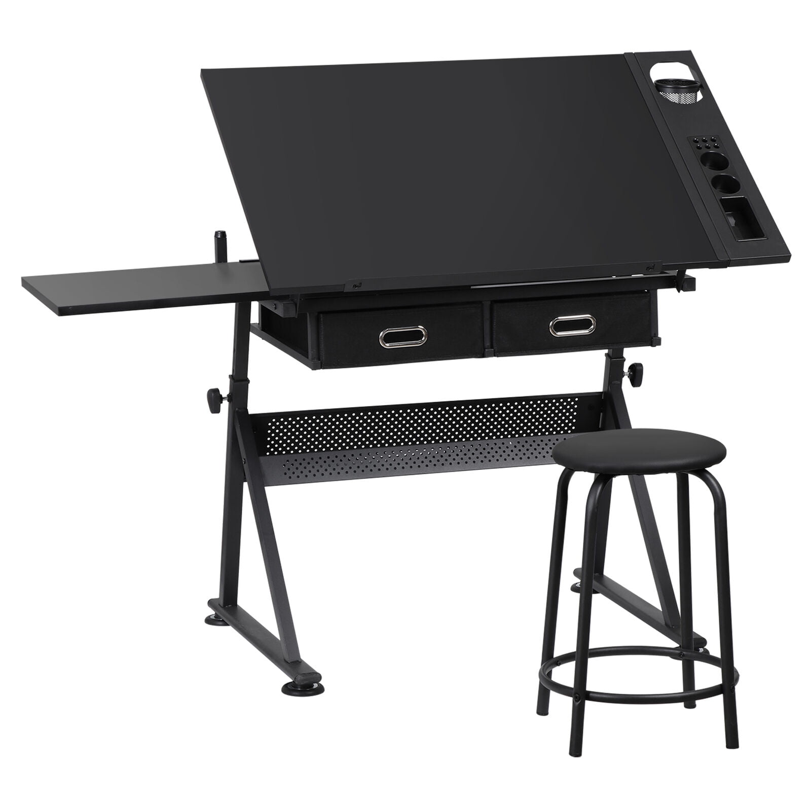 Adjustable Drafting Drawing Table 2 Drawers Tiltable Tabletop w/ Stool ...