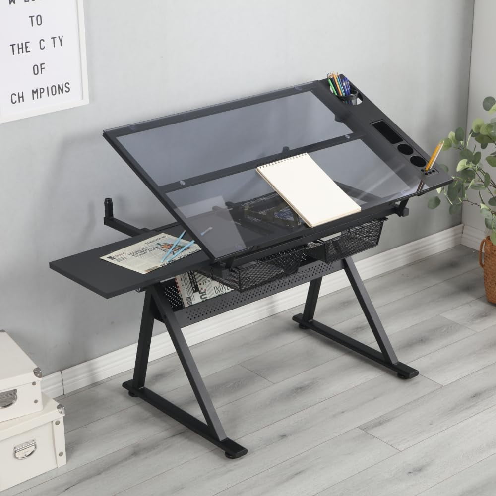 Adjustable Drafting Table Art Desk - Tilting Glass Top Craft Table with ...