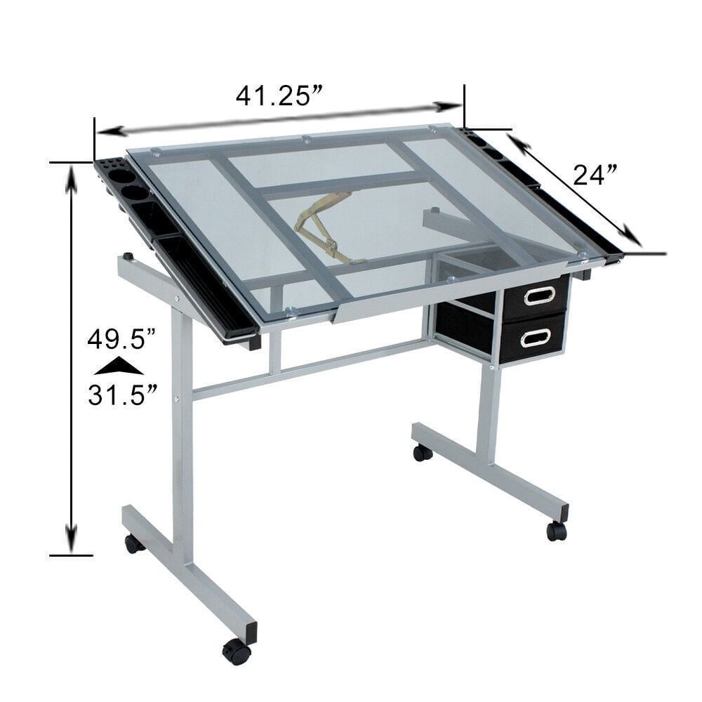 Adjustable Drafting Table Drawing Craft Desk Tempered Glass Top Art ...