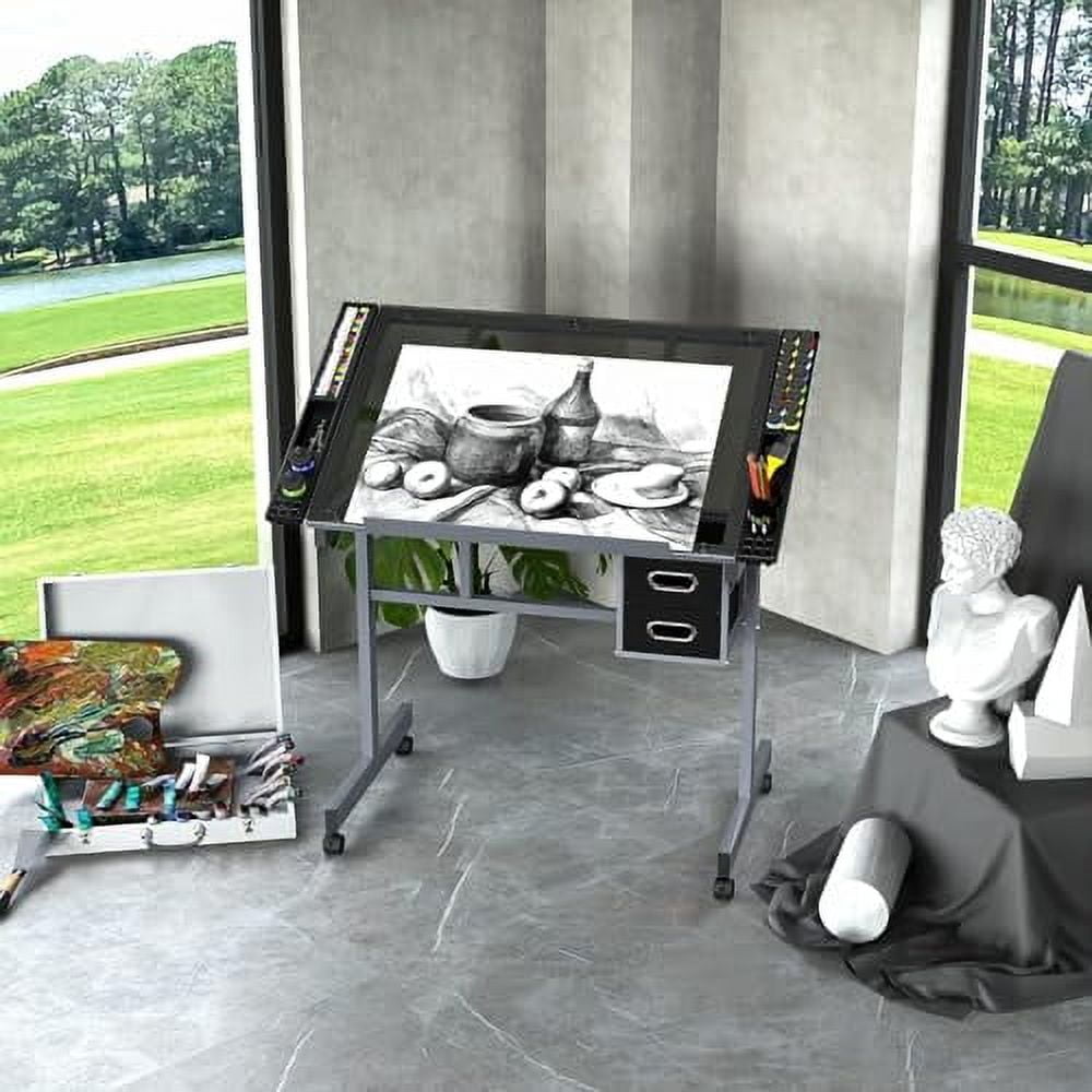 Adjustable Drafting Table with Glass Tabletop, Art Desk and Craft Work ...