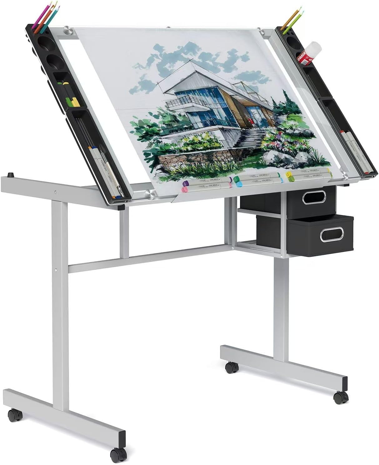 Adjustable Drafting Table with Glass Top, Art Craft Desk with Slide-Out ...